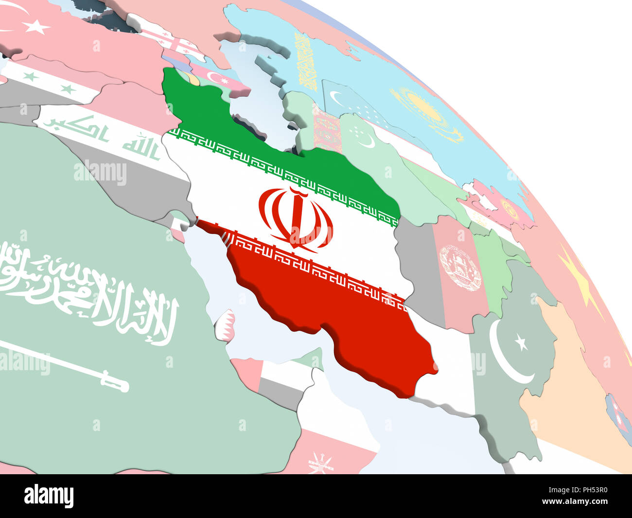 Iran on bright political globe with embedded flag. 3D illustration ...