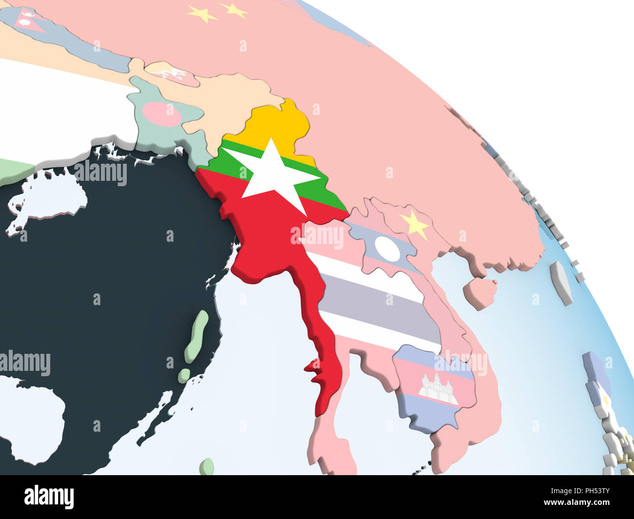 Myanmar on bright political globe with embedded flag. 3D illustration ...