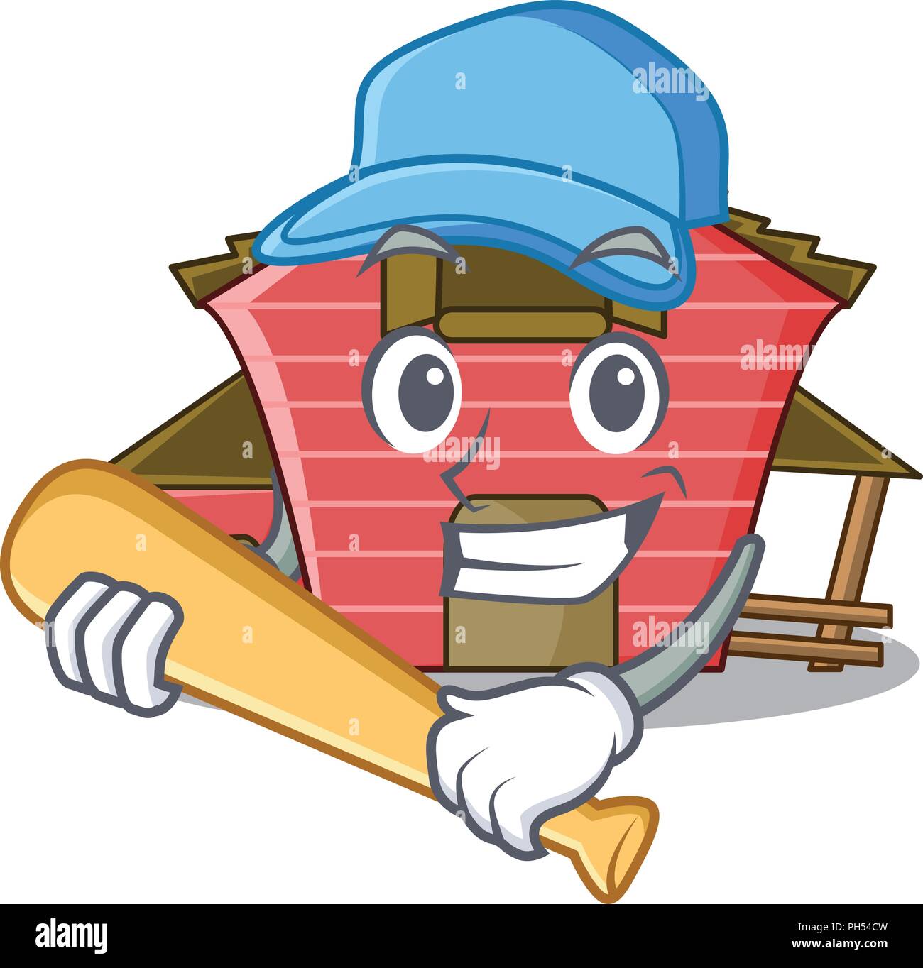 Playing baseball character red barn building with haystack vector ...