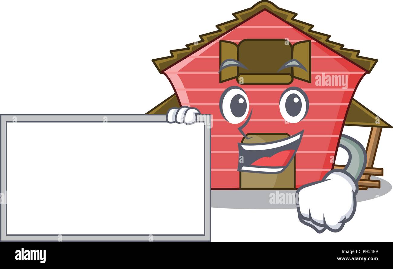 With board character red barn building with haystack vector ...