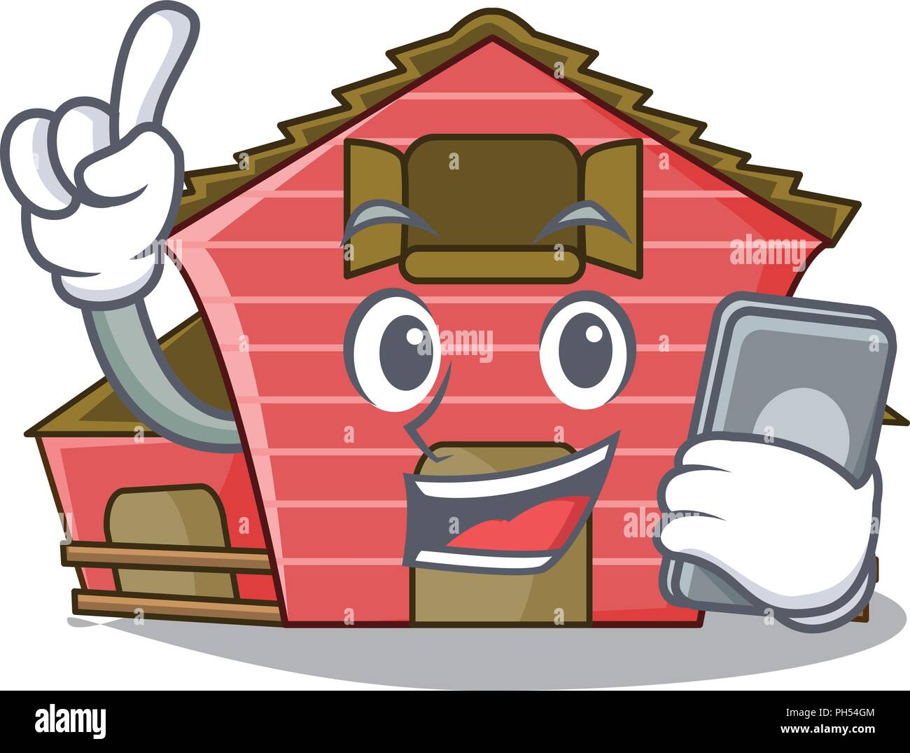 With phone character red barn building with haystack vector ...