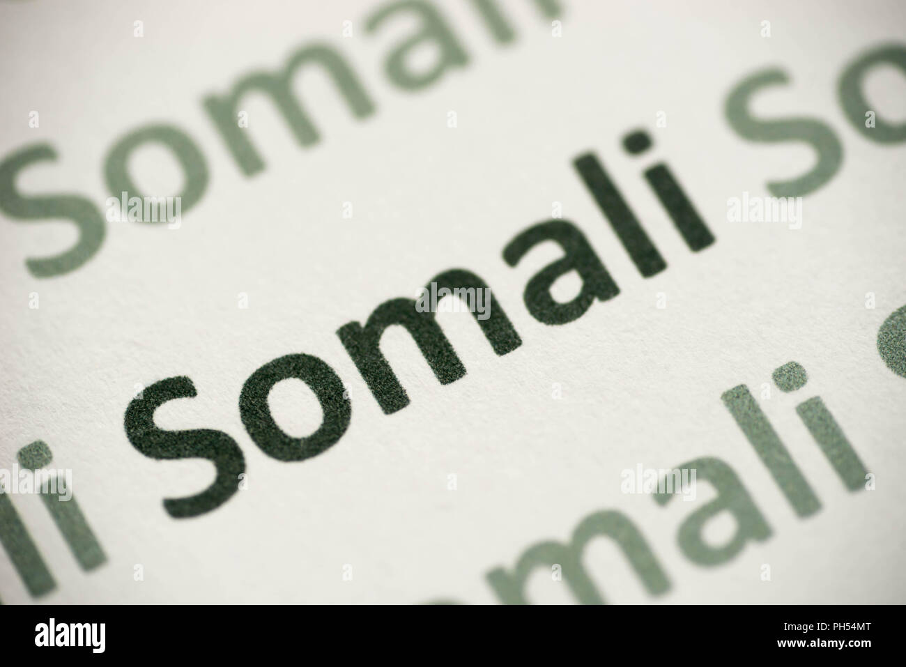 word Somali language printed on white paper macro Stock Photo - Alamy