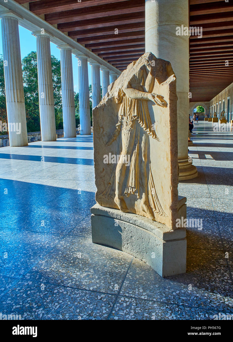 Athens, Greece - July 1, 2018. A figure in relief in the porch of the ...