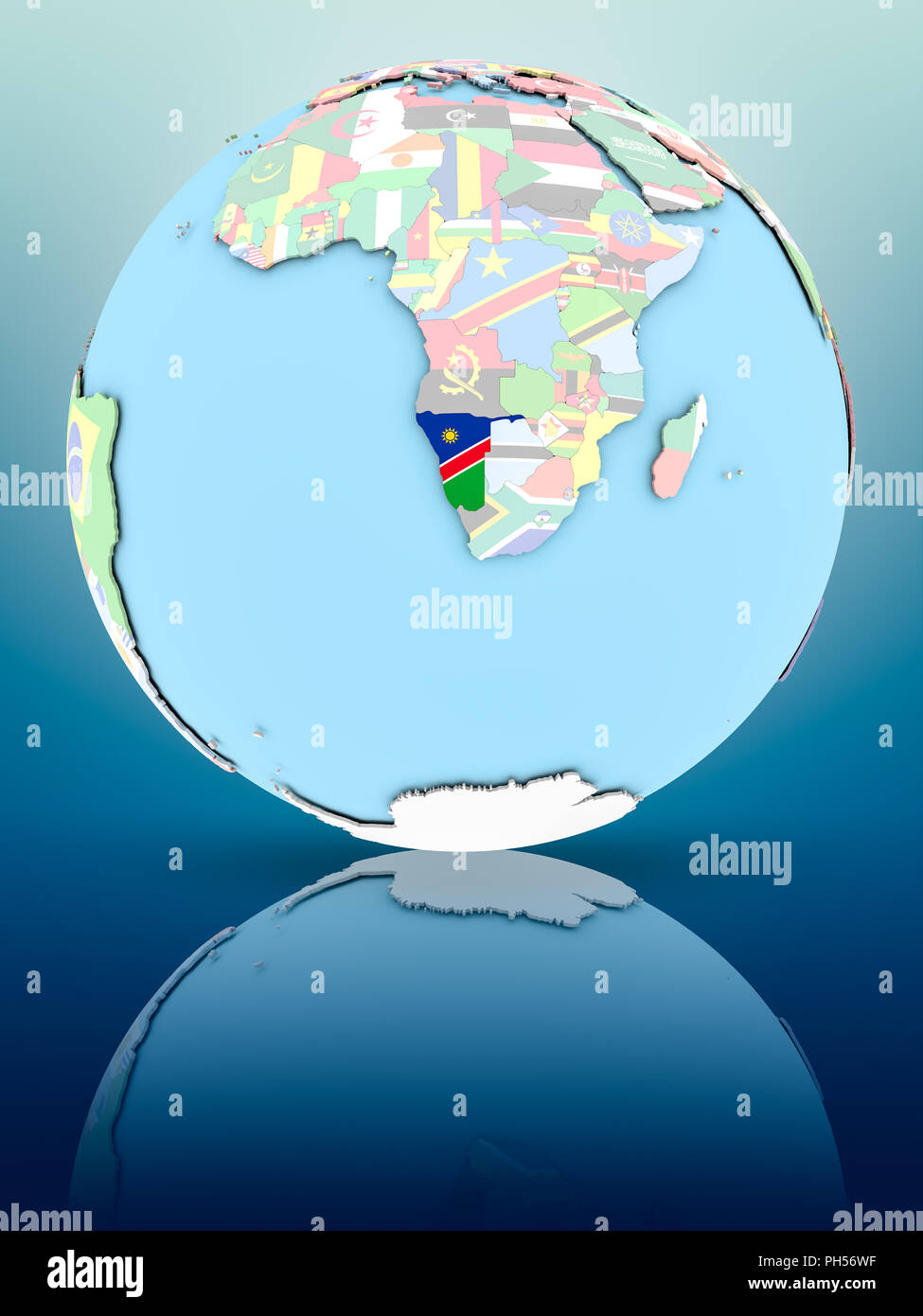Namibia on political globe with national flags on reflective surface ...