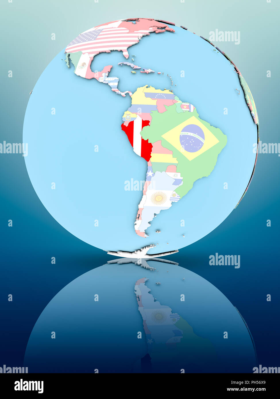 Peru on political globe with national flags on reflective surface. 3D ...