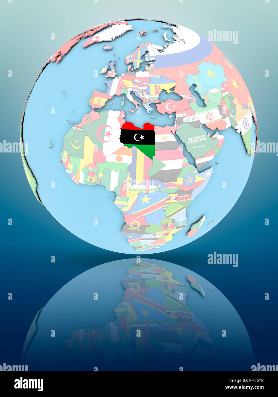 Libya on political globe with national flags on reflective surface. 3D ...
