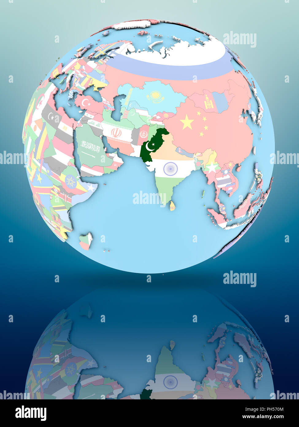 Pakistan on political globe with national flags on reflective surface ...