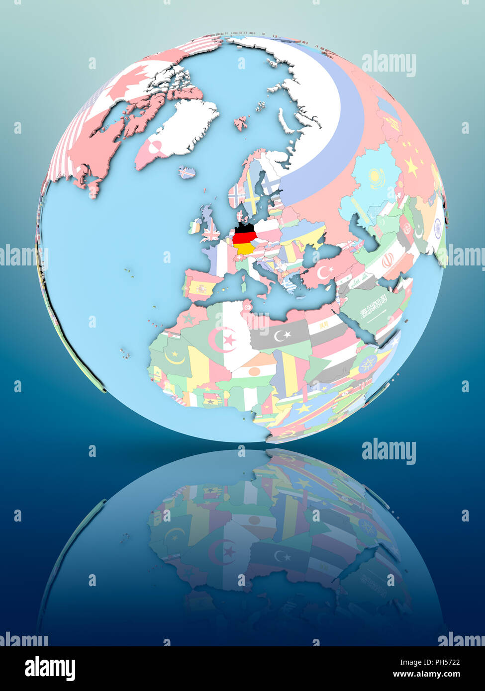 Germany on political globe with national flags on reflective surface ...