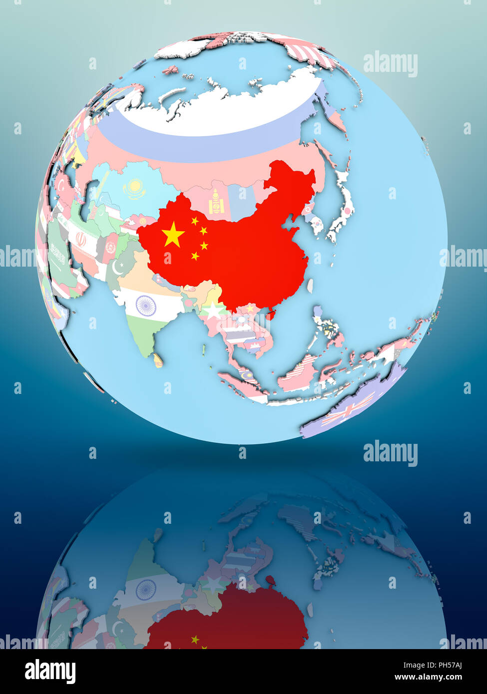 China on political globe with national flags on reflective surface. 3D ...