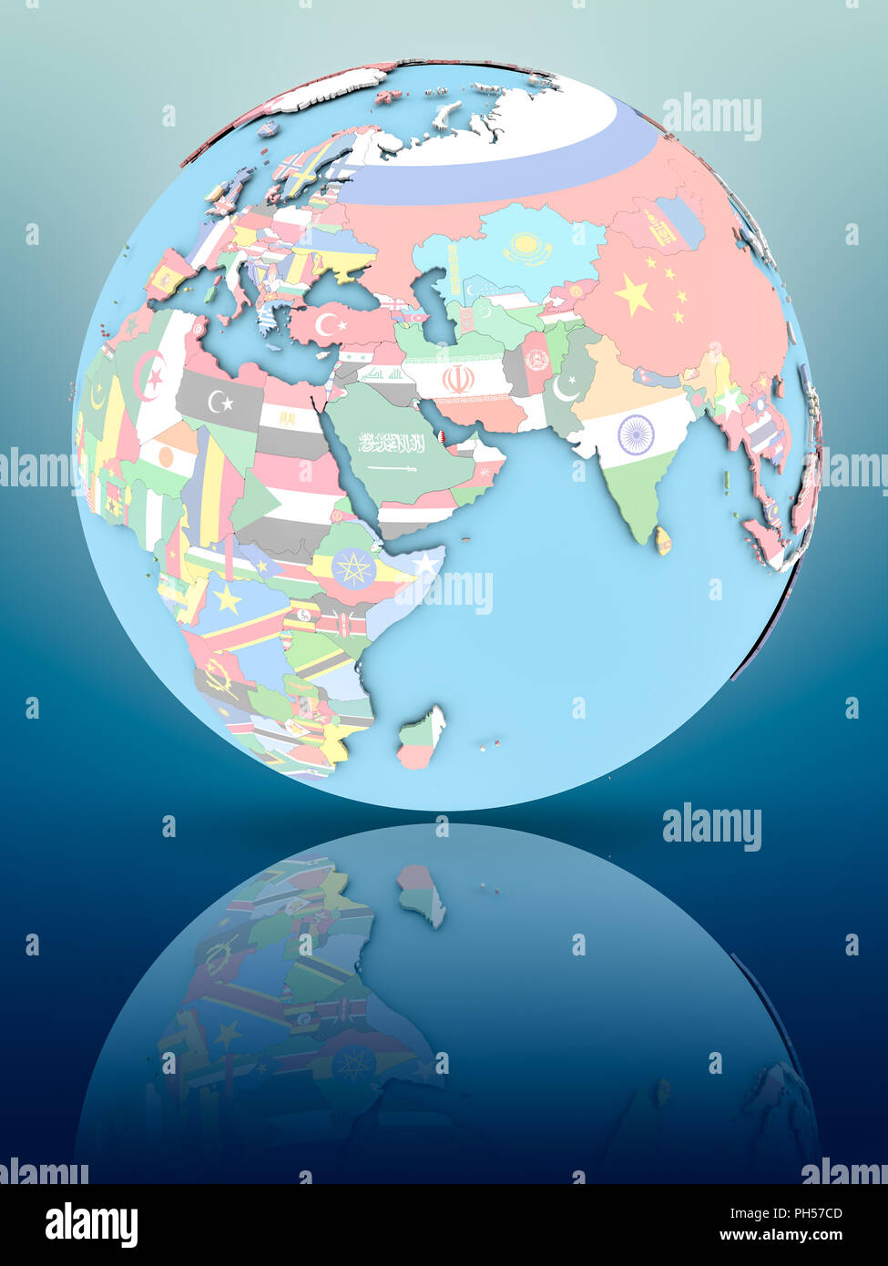 Qatar on political globe with national flags on reflective surface. 3D ...