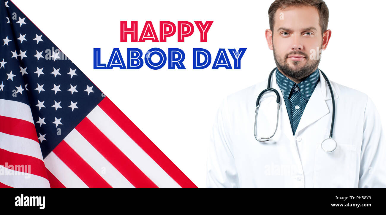 Happy Labor Day. United States flag. Doctor on white background Stock ...
