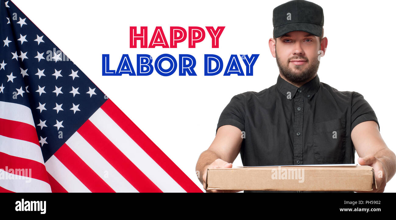 Happy Labor Day. USA flag. Delivery man with parcel on white background ...