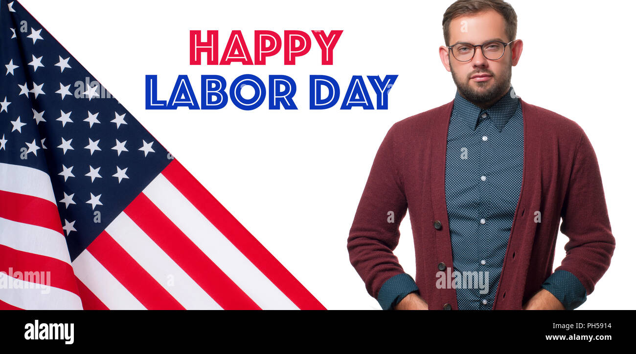 Happy Labor Day. USA flag and business man on white background Stock ...