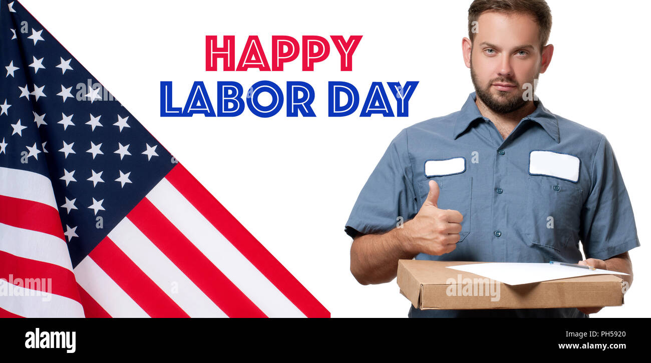 Happy Labor Day. USA flag. Delivery man with parcel on white background ...