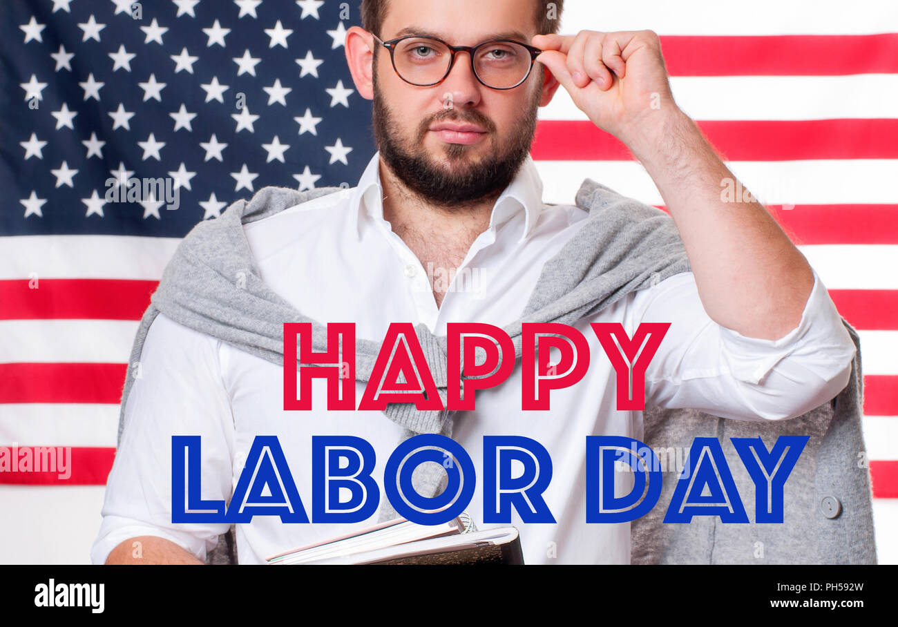 Happy Labor Day. USA flag and happy teacher man Stock Photo - Alamy