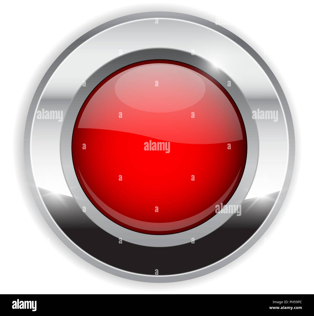 Red round button. Glass 3d shiny icon with wide metal frame Stock ...