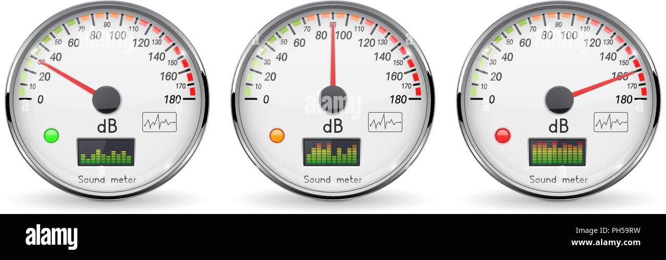 Decibel gauge set. Volume unit. Glass gauge with chrome frame Stock ...