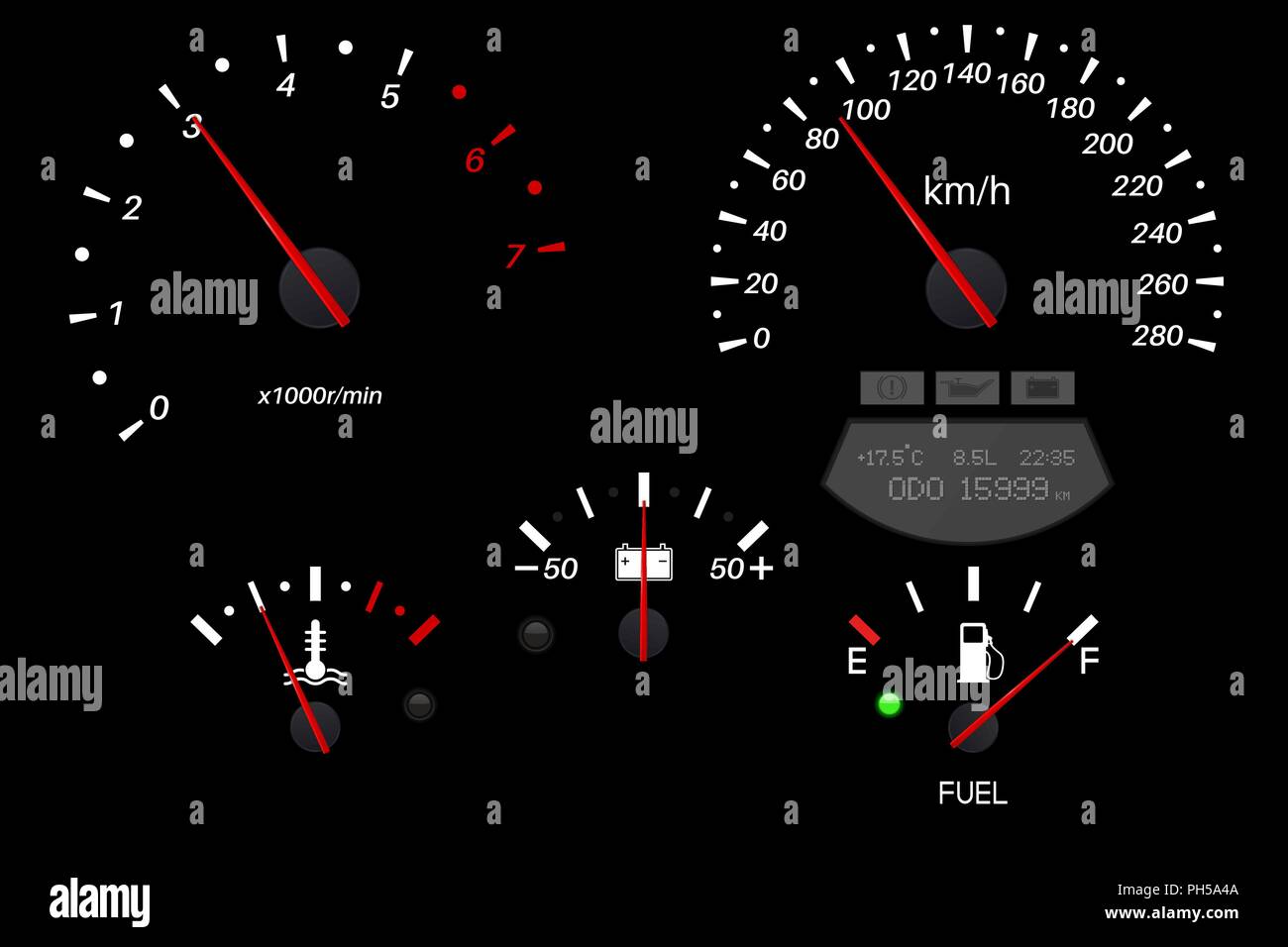 Car dashboard black scales. Fuel gauge, speedometer, tachometer ...