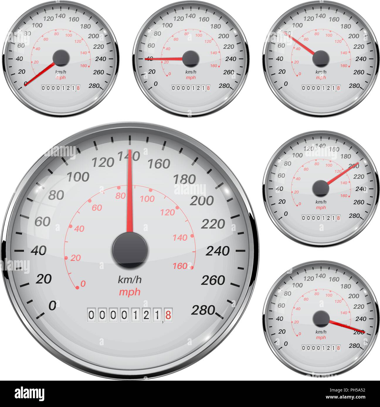 Speedometer. Kilometers and miles. Speed gauge with metal frame Stock ...