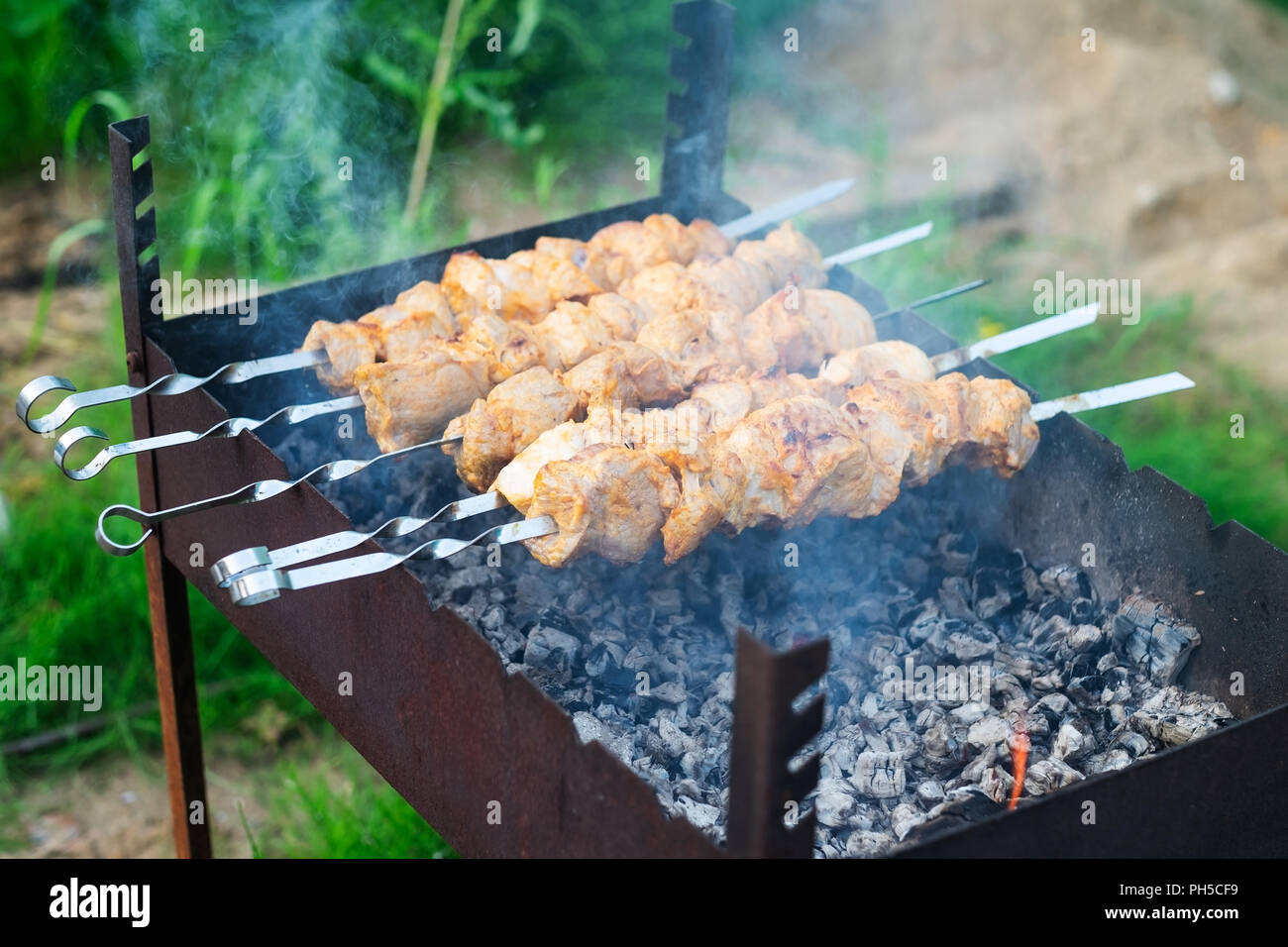 Cooking hot pork on russian barbecue, prepared on grill with spices ...