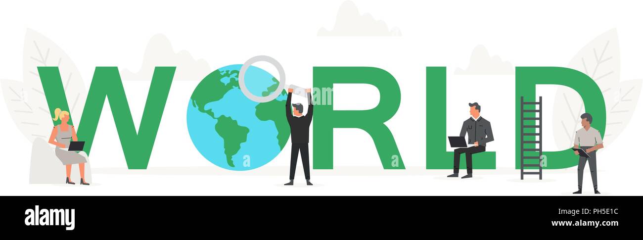 Big word World with small working people around it. Vector creative ...