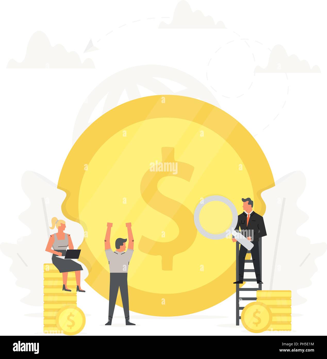 Office people stand on money, clean up and build the gold coin ...