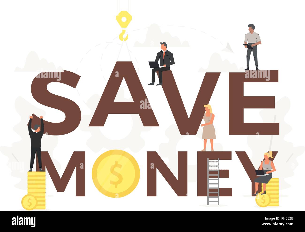 Vector big words SAVE MONEY with small working people around it. Vector ...