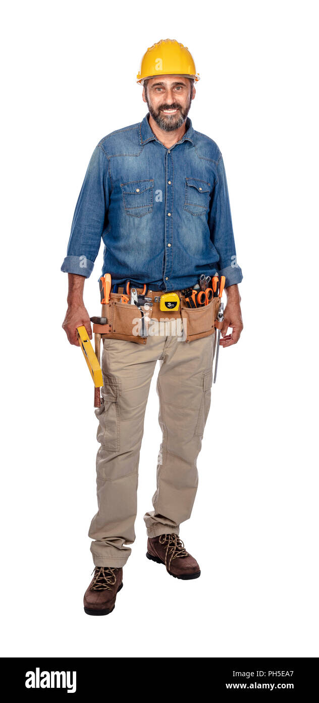 portrait of caucasian handyman isolated on white Stock Photo - Alamy