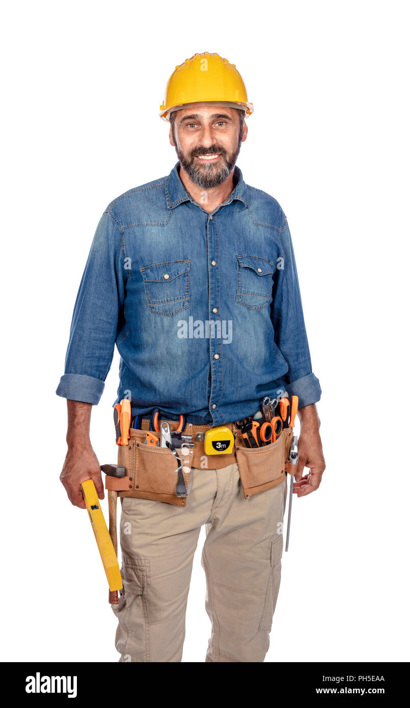 portrait of caucasian handyman isolated on white Stock Photo - Alamy
