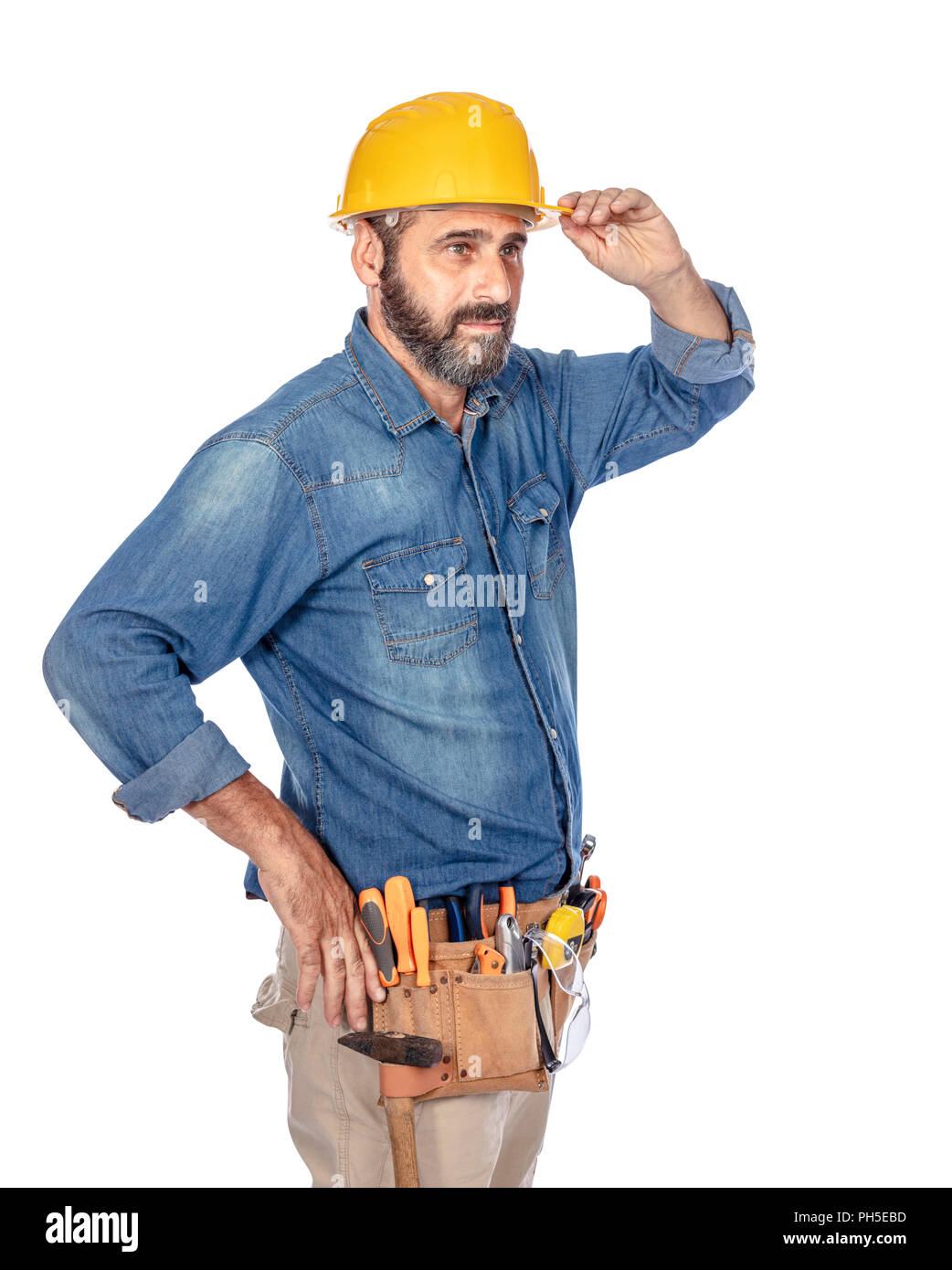 portrait of caucasian handyman isolated on white Stock Photo - Alamy