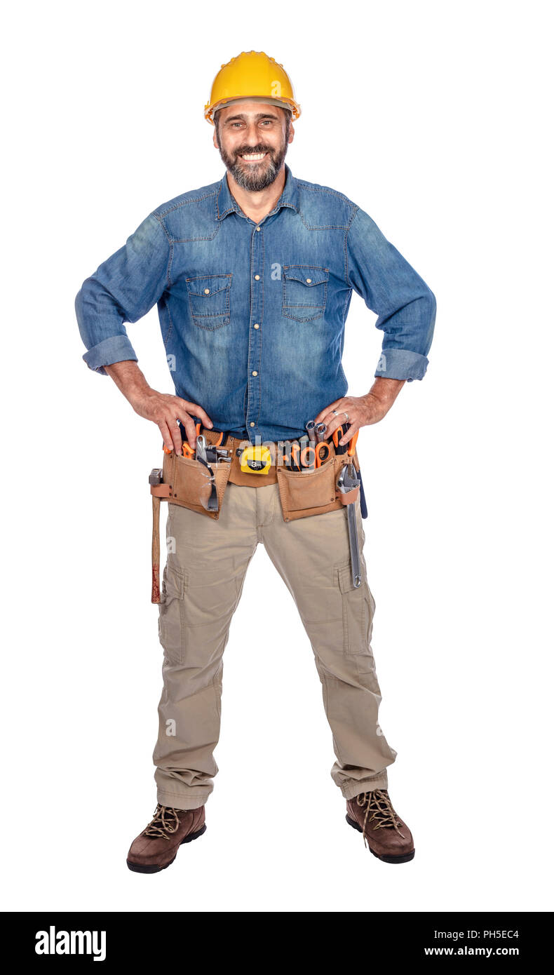 portrait of caucasian handyman isolated on white Stock Photo - Alamy