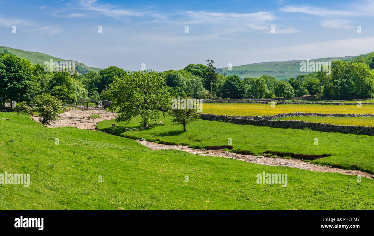 Yorkshire landscape with the dried-up River Skirfare near Litton, North ...