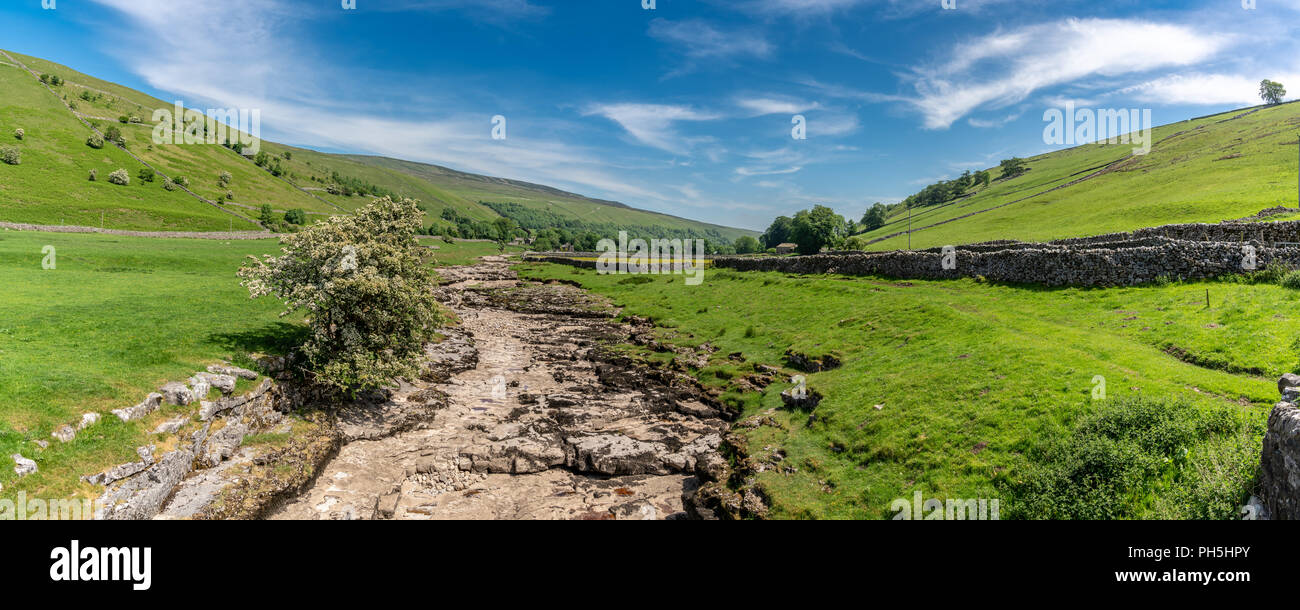 Yorkshire landscape with the dried-up River Skirfare near Litton, North ...
