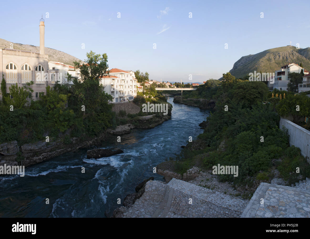 Bosnia: skyline of Mostar, town named after the bridge keepers (mostari ...