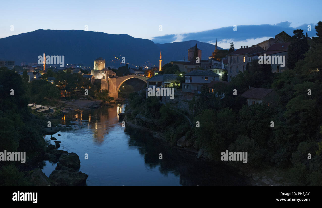 Mostar, Bosnia: the night skyline of the Stari Most (Old Bridge), 16th ...