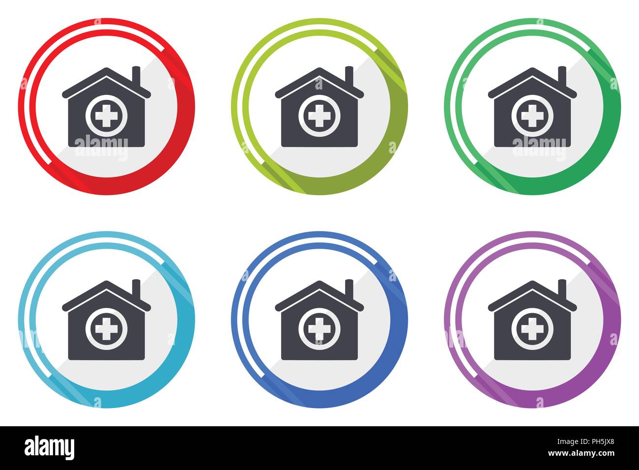 Hospital flat vector web icon set, colorful round internet buttons in ...