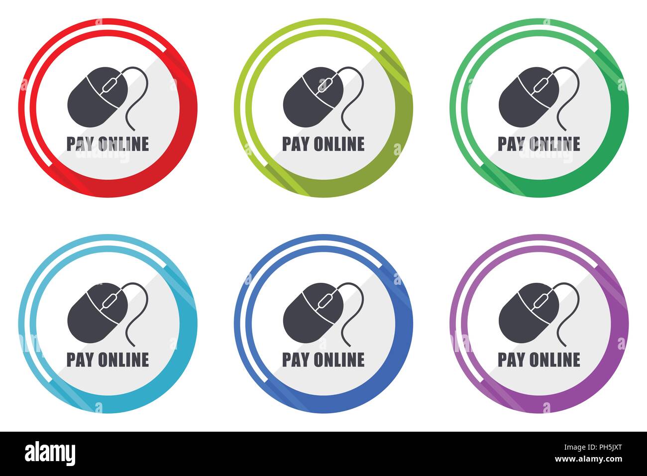 Pay online flat vector web icon set, colorful round internet buttons in ...