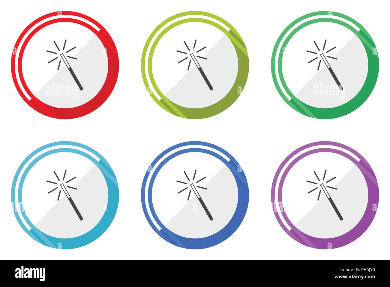 Magic wand flat vector web icon set, colorful round internet buttons in ...