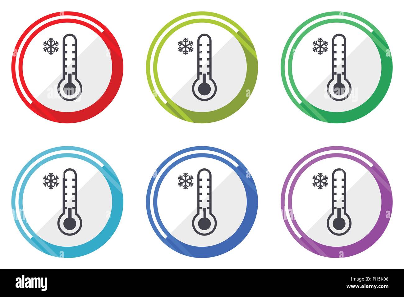 Cold thermometer flat vector web icon set, colorful round internet ...