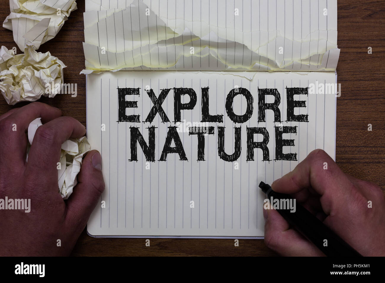 Writing Explore Nture text made in the office closeup on laptop ...