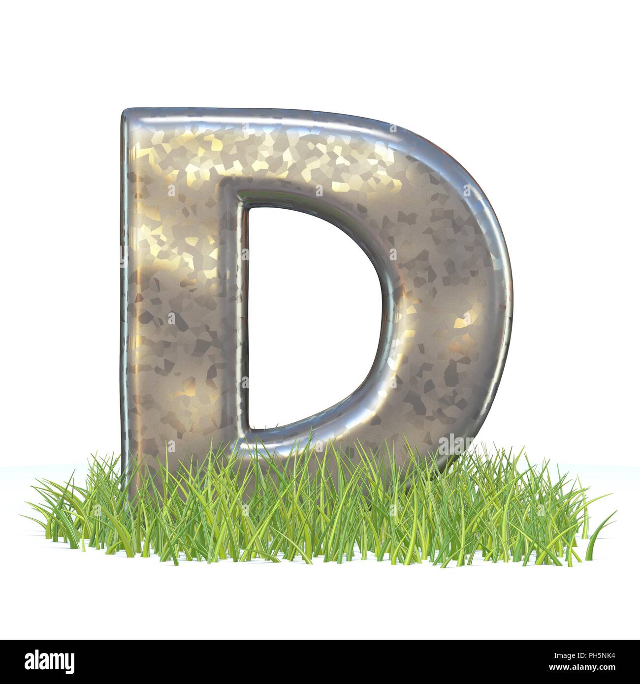 Galvanized metal font Letter D in grass 3D render illustration isolated ...