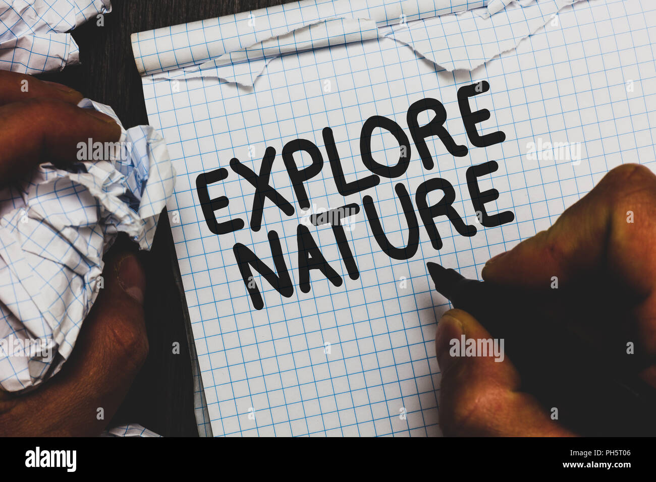 Writing Explore Nture text made in the office closeup on laptop ...