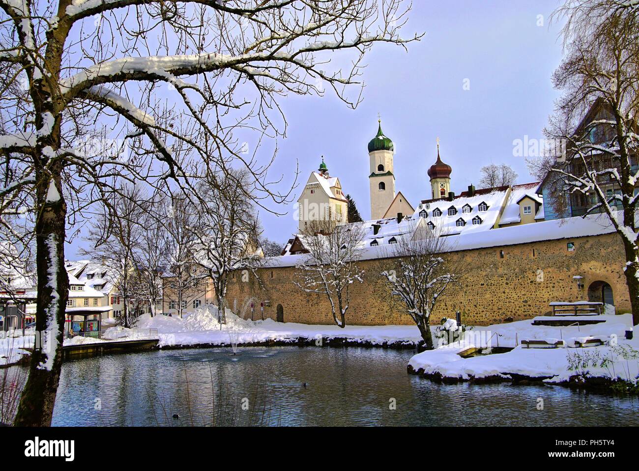 Winter view of Isny old town and monastery, from outside the city walls ...