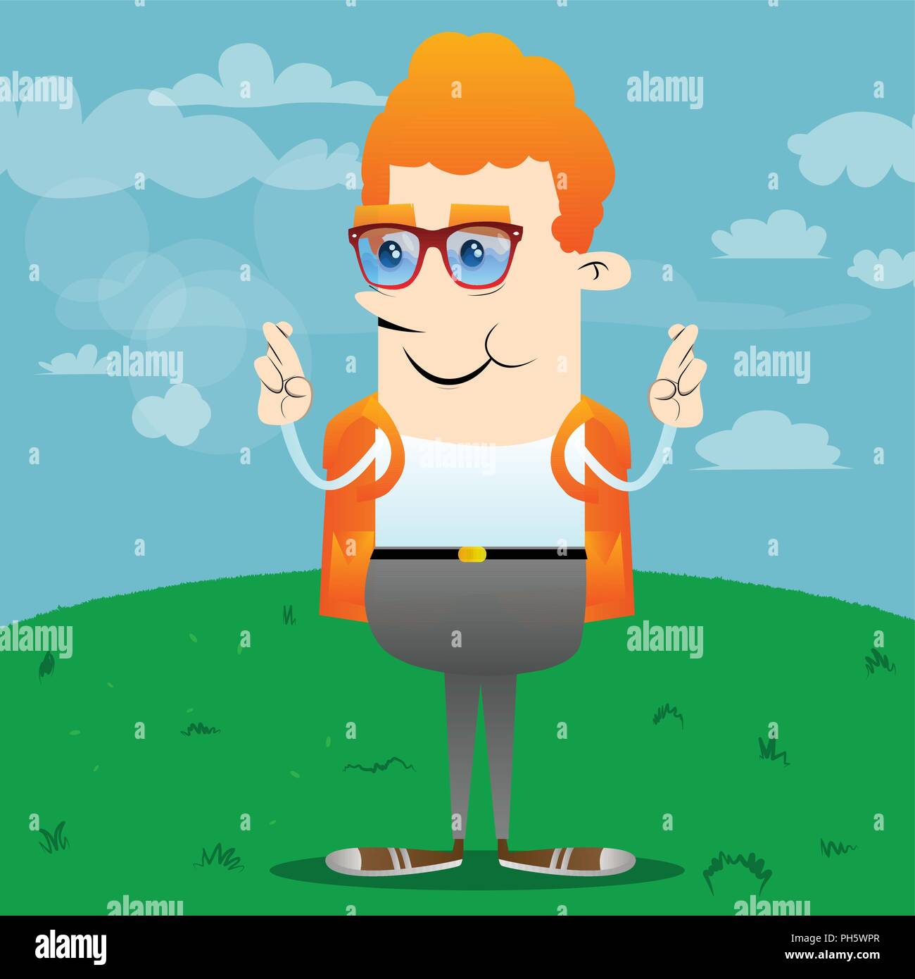 Schoolboy crossing his fingers and wishing for good luck. Vector ...