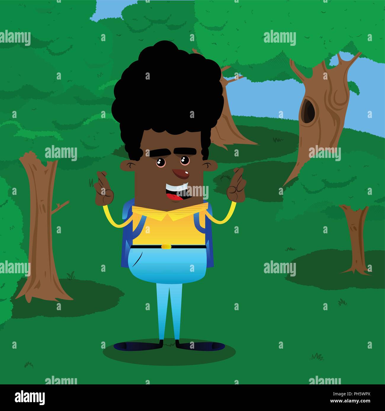 Schoolboy crossing his fingers and wishing for good luck. Vector ...