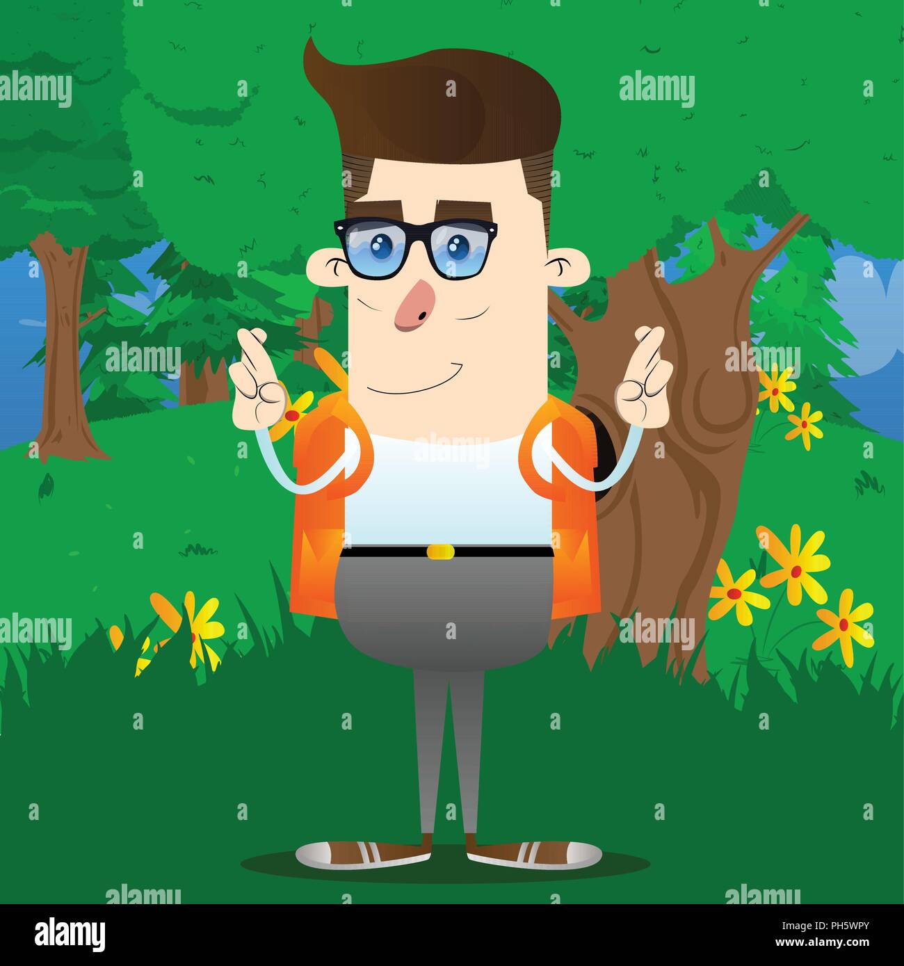 Schoolboy crossing his fingers and wishing for good luck. Vector ...