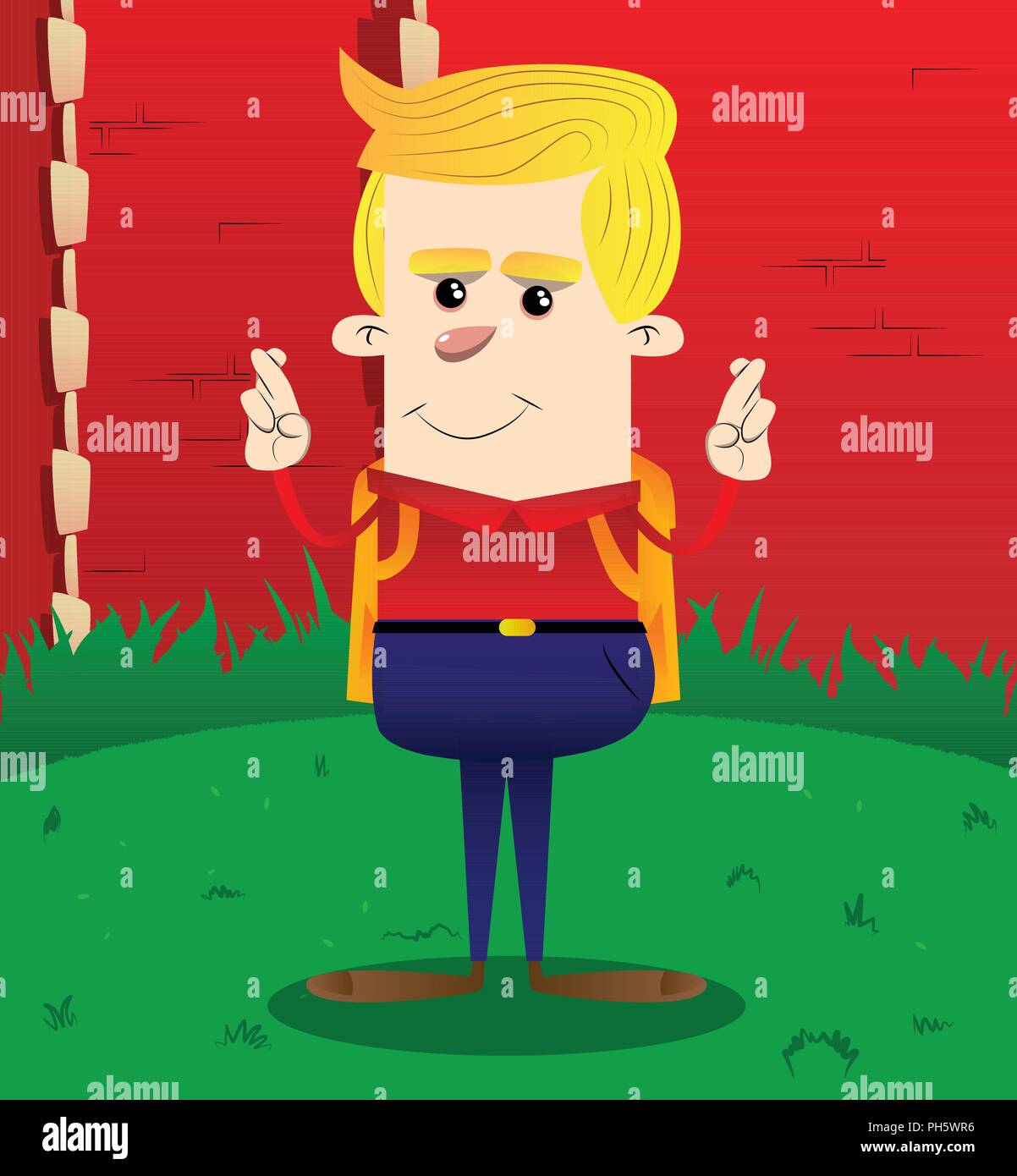 Schoolboy crossing his fingers and wishing for good luck. Vector ...
