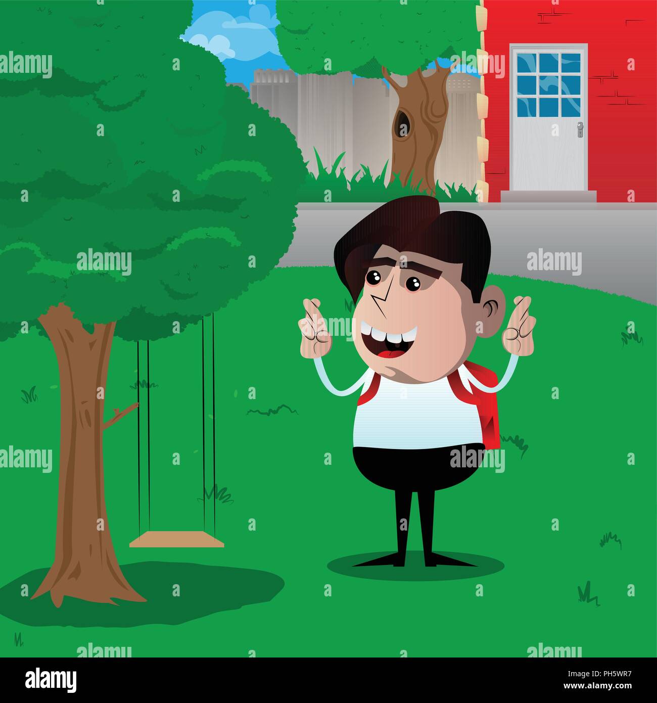 Schoolboy crossing his fingers and wishing for good luck. Vector ...