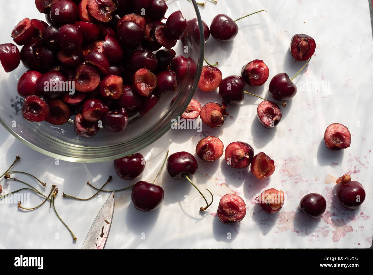 fresh ripe cherries cut into halves on white cutting board above view ...