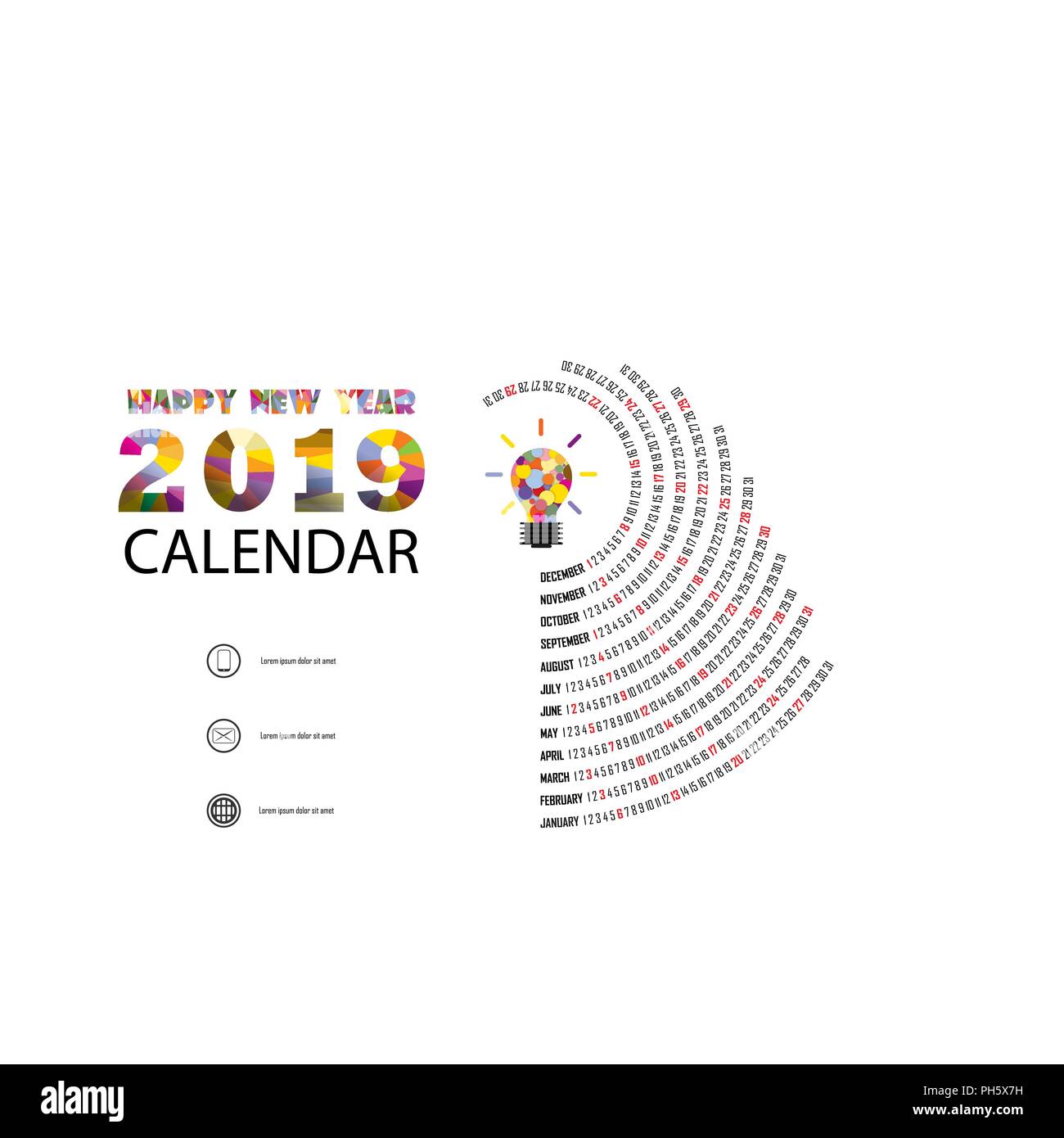 2019 Calendar Template.Spiral calendar.Calendar 2019 Set of 12 Months ...